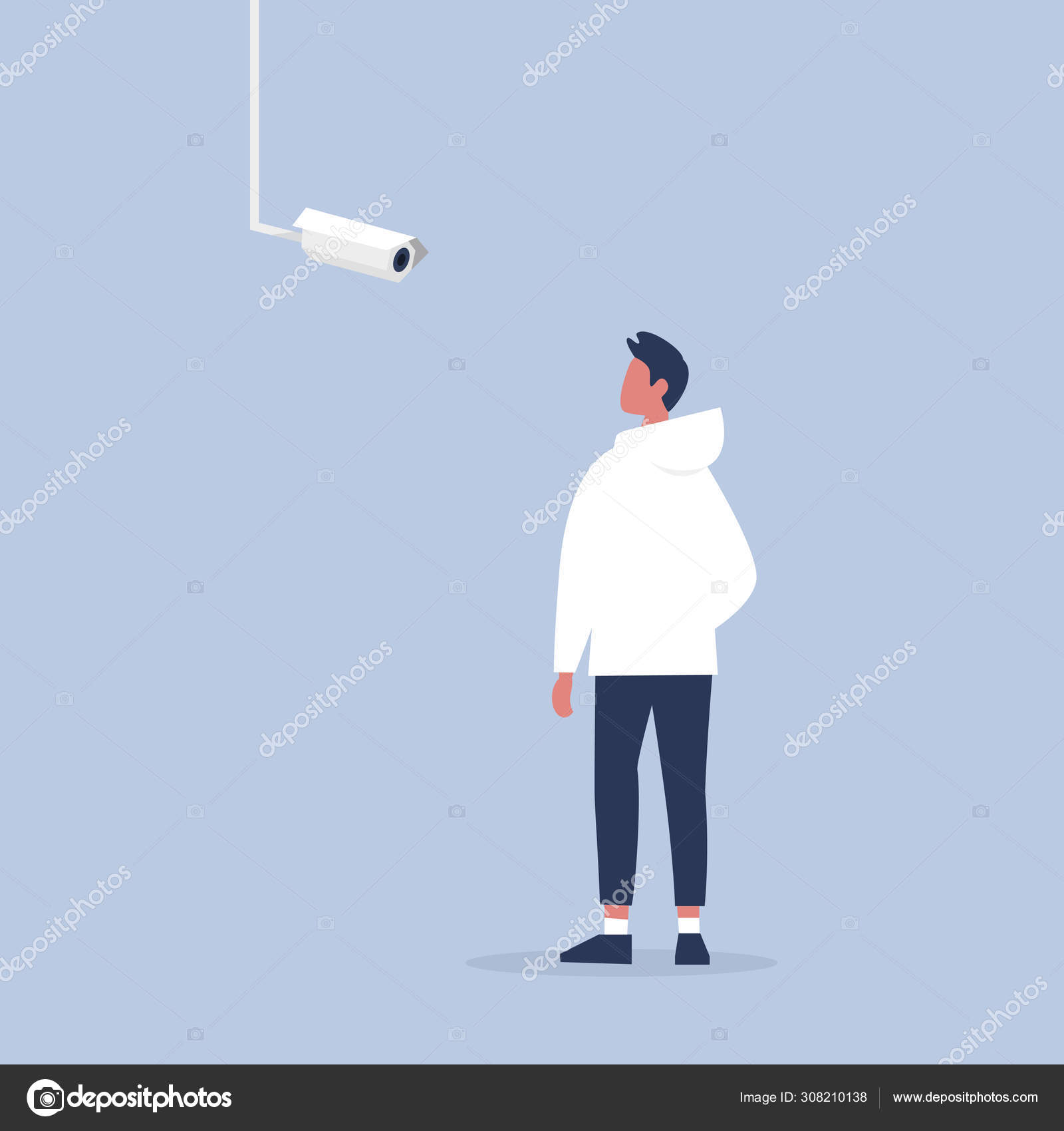 Surveillance. Young male character looking at the CCTV camera. S Stock ...