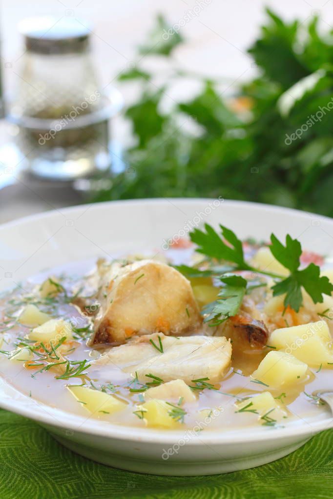 Sopa de pescado. Deliciosa sopa con pescado blanco y verduras para la ...