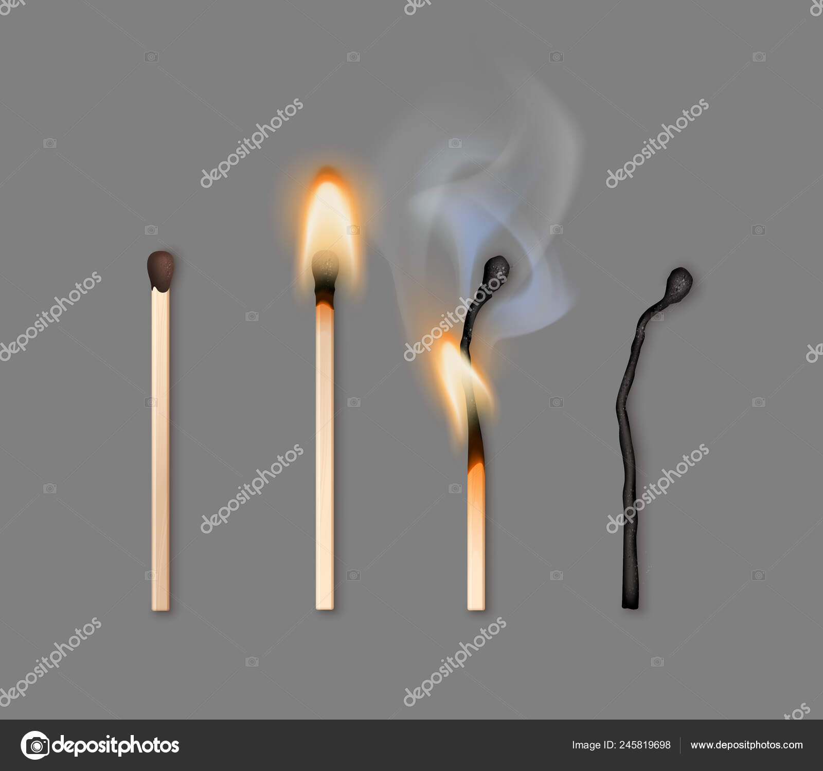 Vector illustration of different phases of burning matches isolated on ...