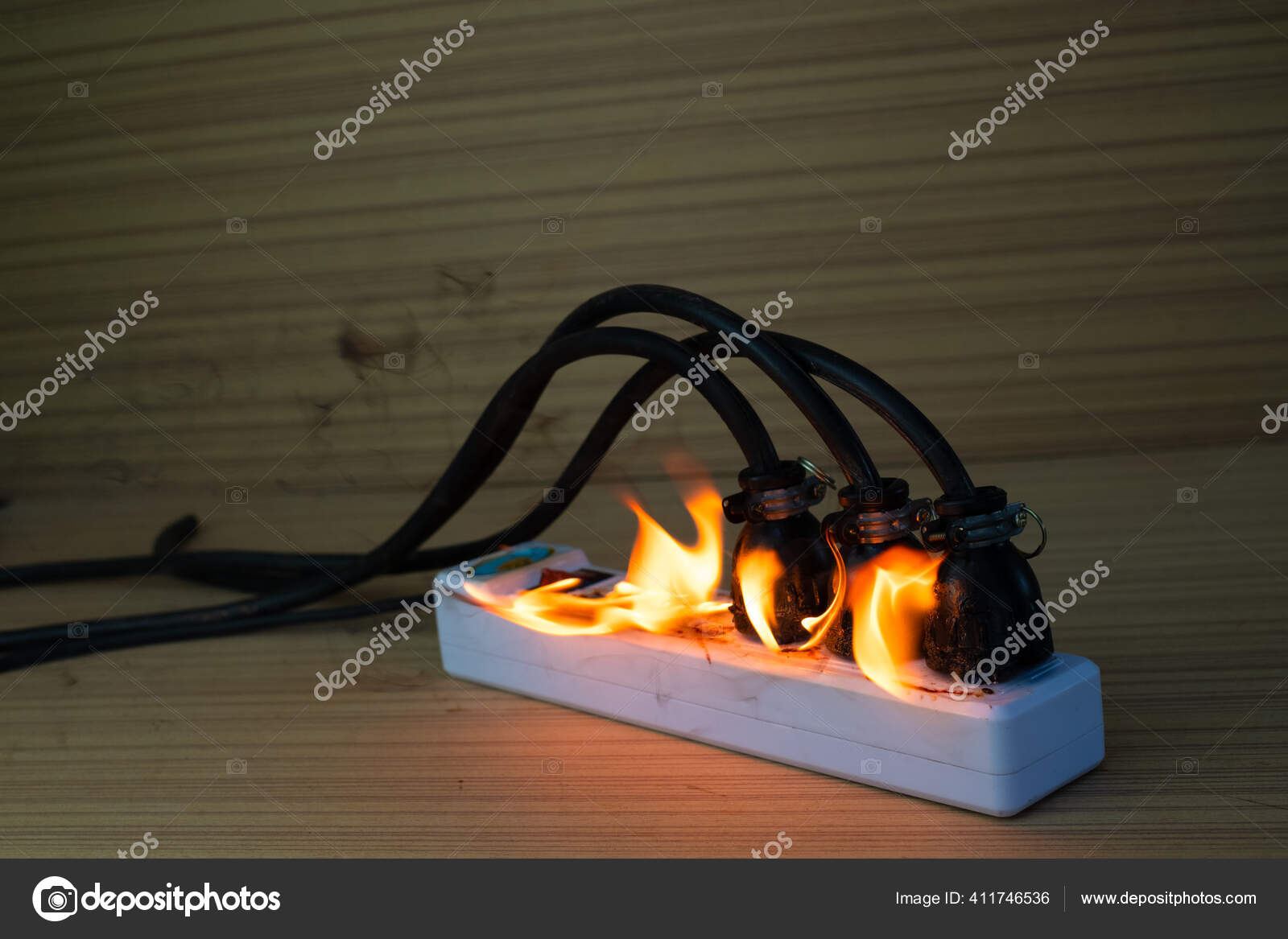 Fire Multi Socket Connected Power Strip Bunch Plugs Wood Backgroun ...