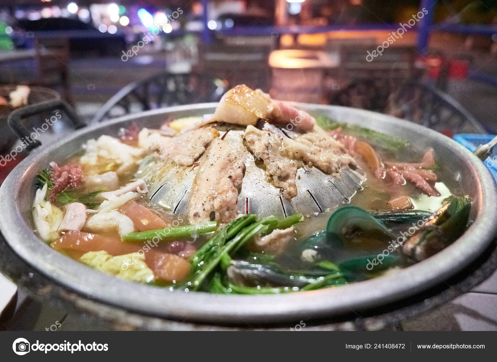 Assorted Meat Vegetable Seafood Being Cooked Thailand Style Hot Pot ...