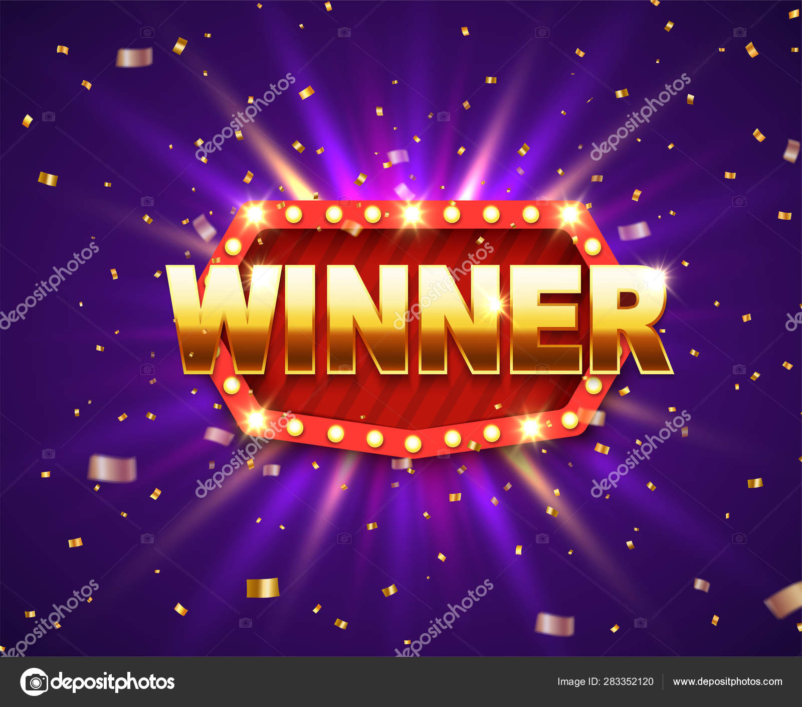 Winner shiny banner with glowing lamps and gold glitter. Lottery game ...