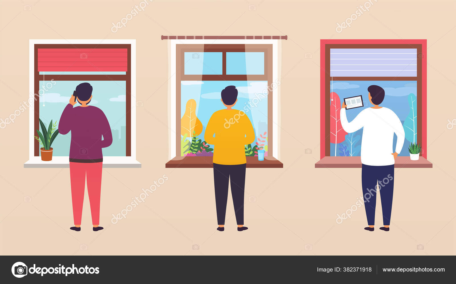 People look through window, talking with colleagues online by phone ...