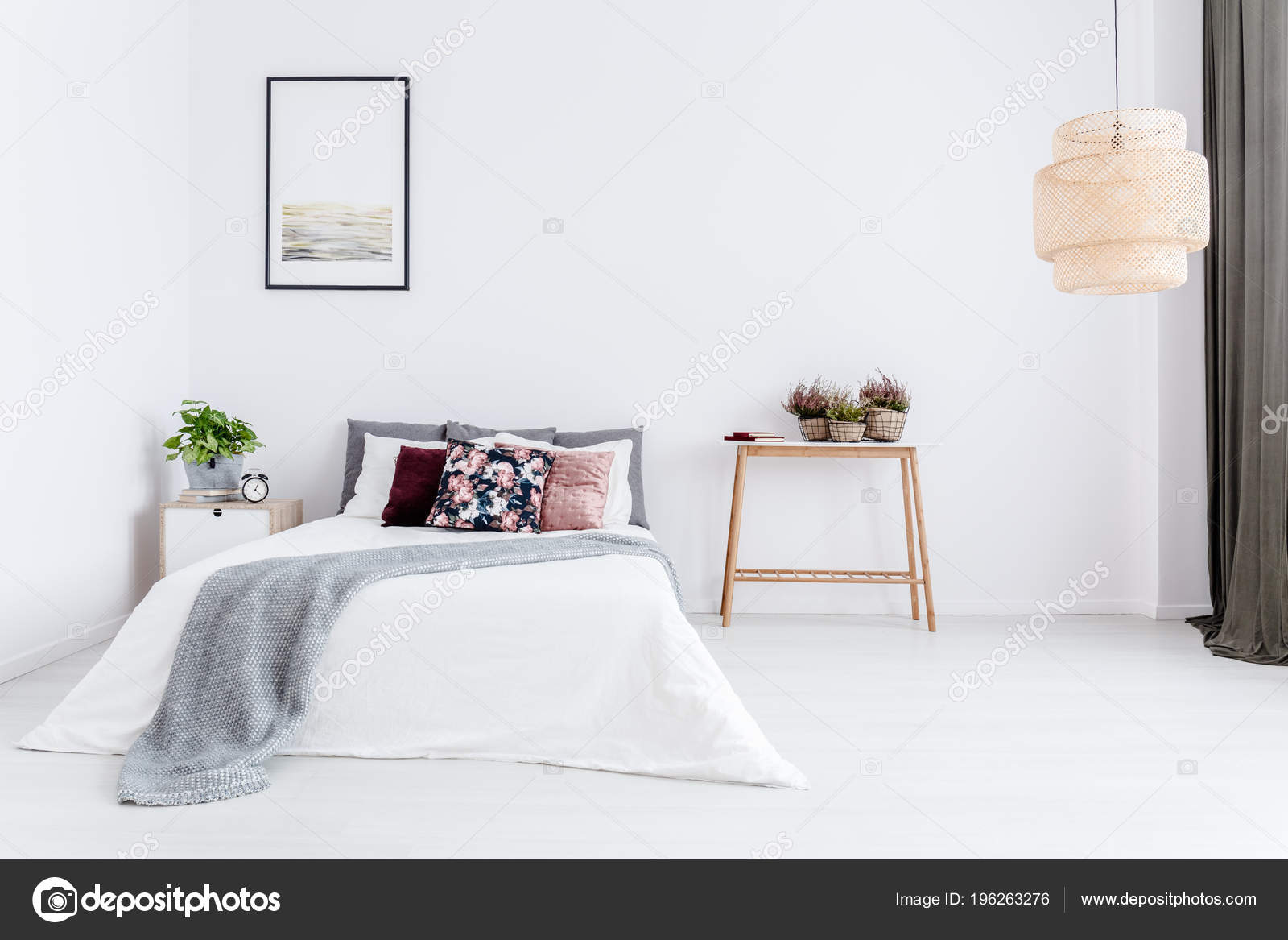 Simple White Bedroom Interior Floral Pillow Gray Blanket Bed Stock ...