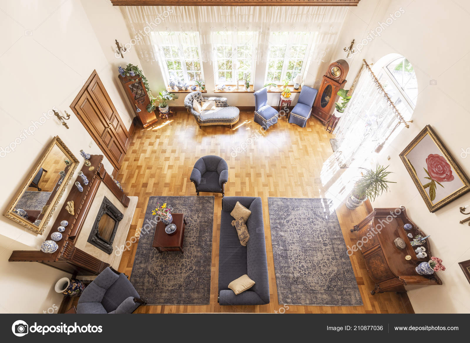 Vista Superior Luxuoso Teto Alto Sala Estar Interior Uma Mansão — Foto ...