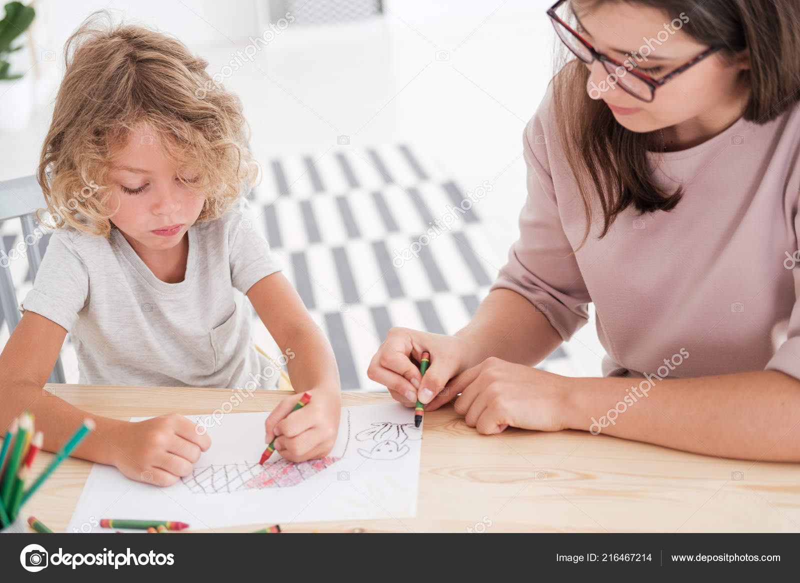 Little Kid Drawing House Using Colorful Crayons His Female Therapist ...