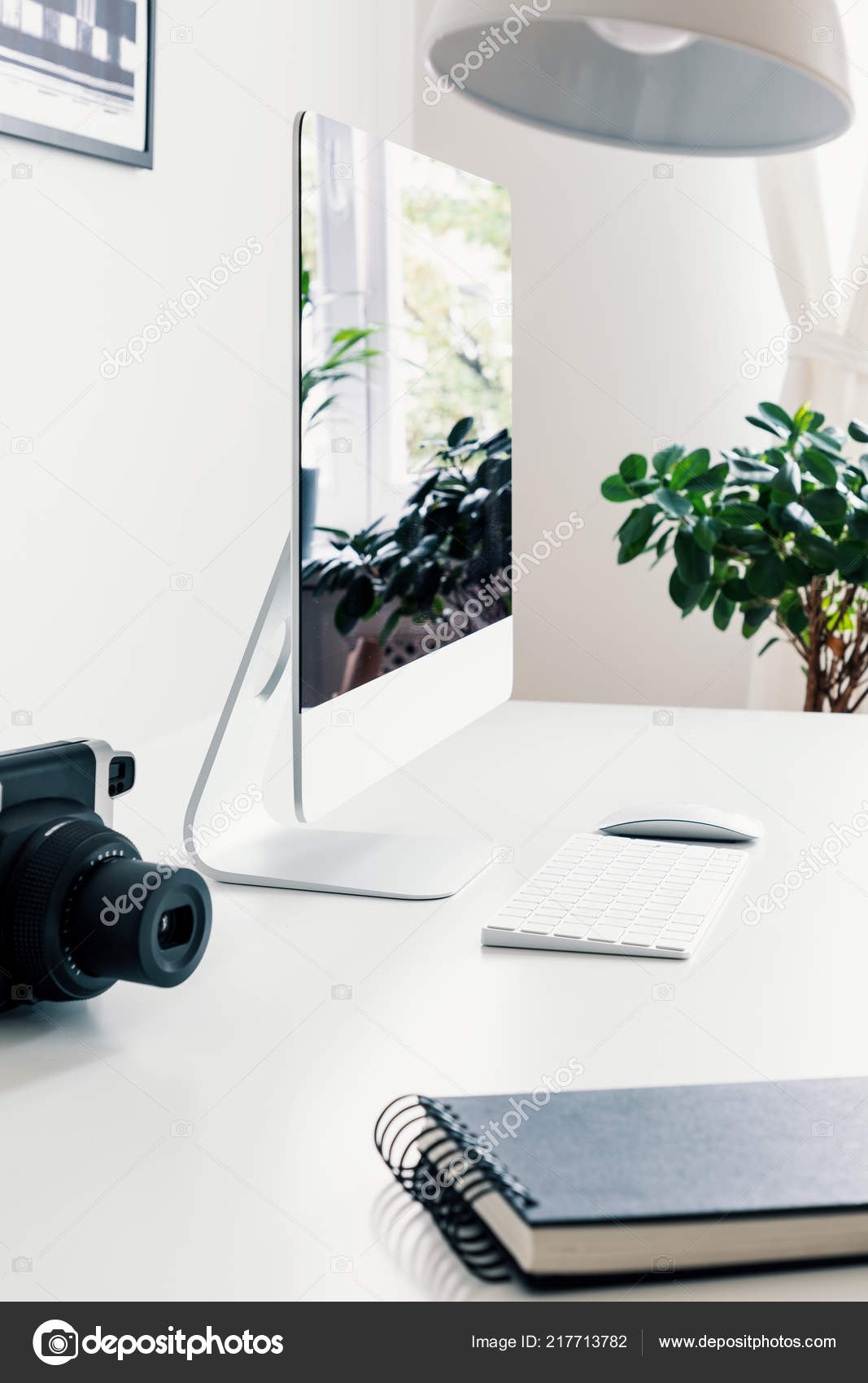 Notebook Camera Desktop Computer White Desk Workspace Interior Plant ...