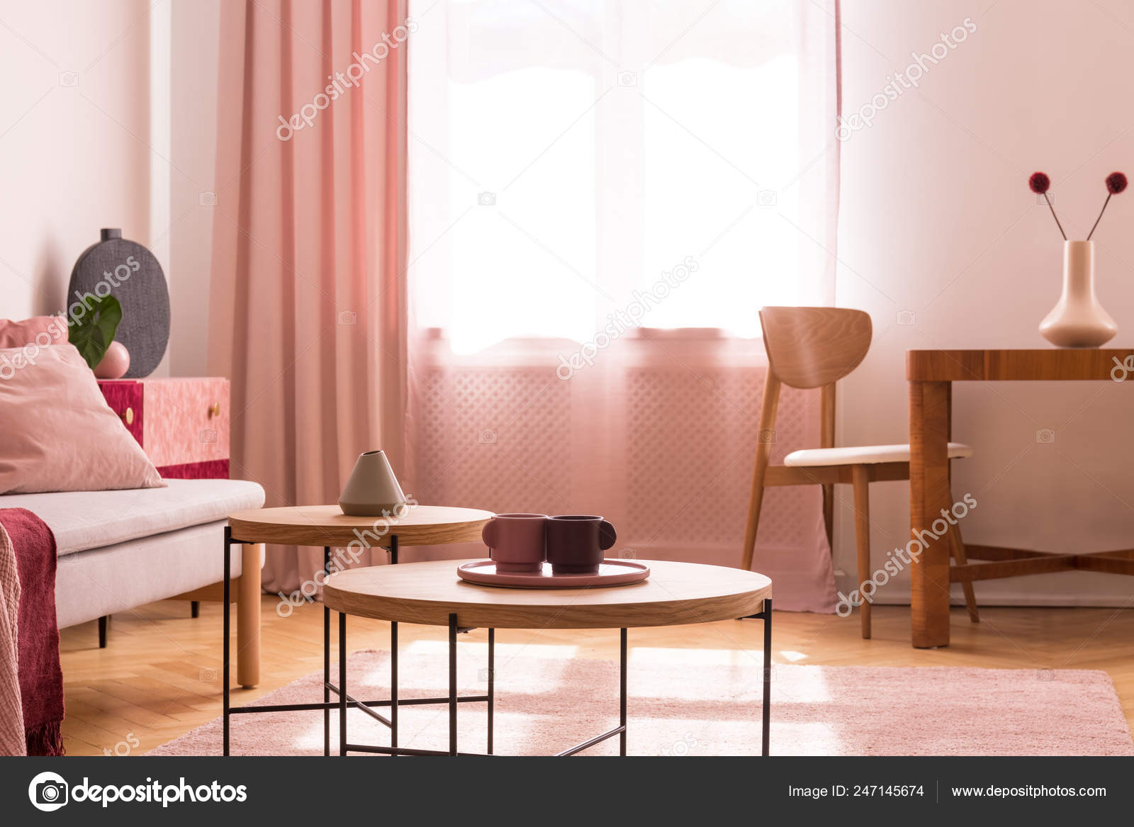 Two Coffee Cups Wooden Coffee Table Chic Pastel Pink Living — Stock ...