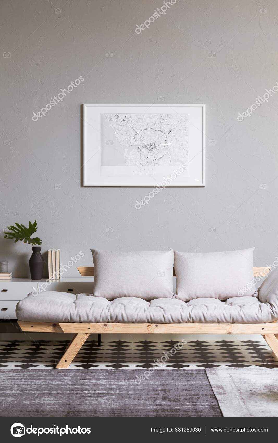 White Map Grey Wall Fashionable Living Room Interior Scandinavian Futon ...
