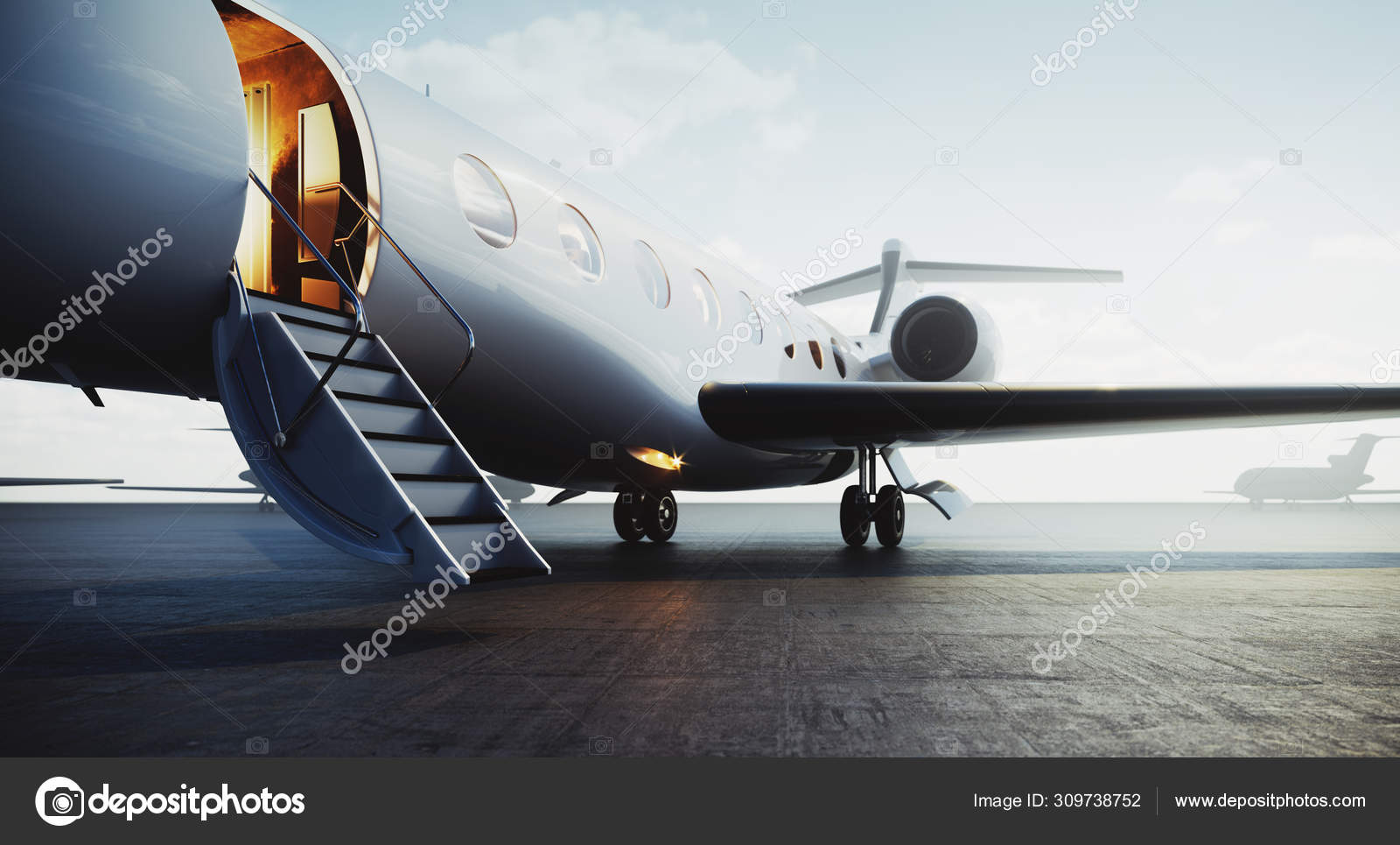 Closeup view of private jet airplane parked at outside and waiting ...