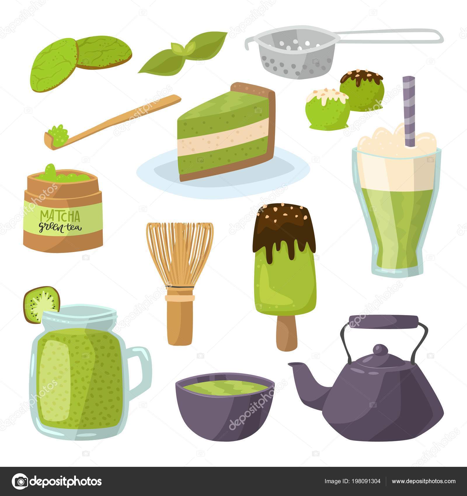 Matcha Cartoon Set Spoon Whisk Chasen Green Tea Latter Cup Stock Vector ...