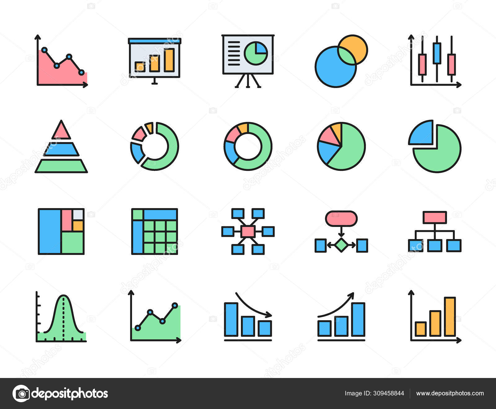 Set of Graph and Chart Flat Color Icons. Pie Chart, Presentation and ...