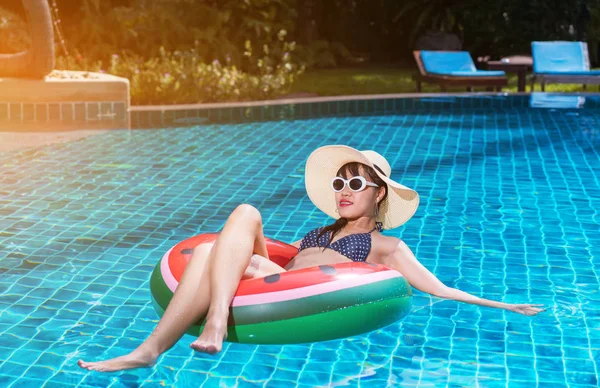 Attractive Young Sexual Woman Bikini Relaxing Ring Float Inflatable