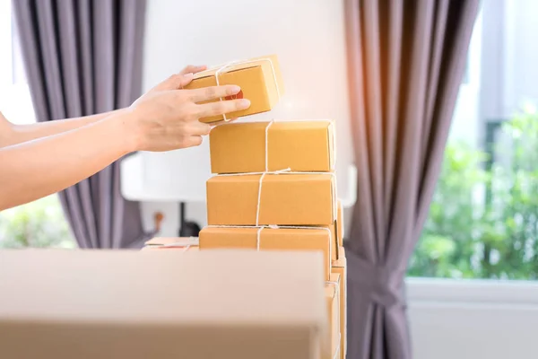 Closeup hands holding sort box delivery online market on purchase ...