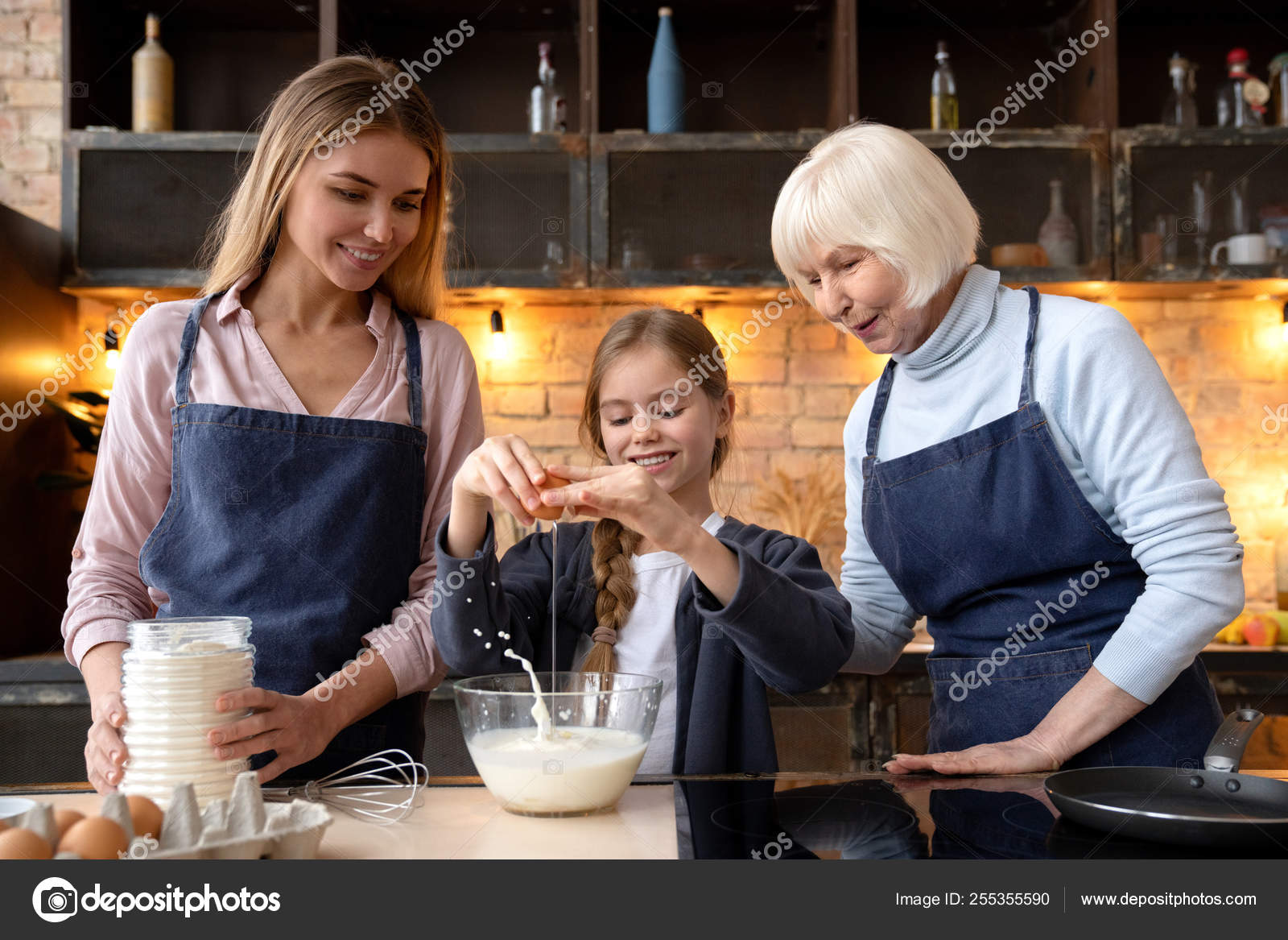Three Generations Family Cooking Kitchen Together Having Fun Cute ...
