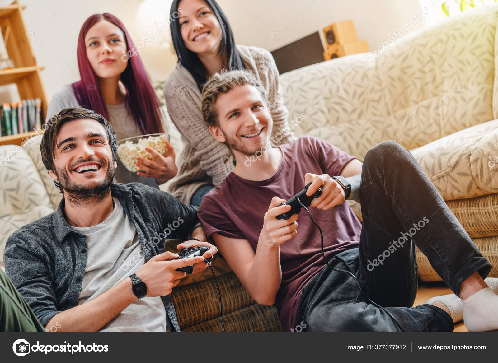 Group Friends Playing Video Games Together Home — Stock Editorial Photo ...
