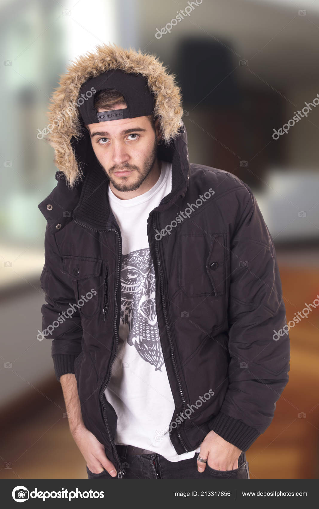 Handsome Young Man Wearing Jacket Black Cap Hands Pockets — Stock Photo ...