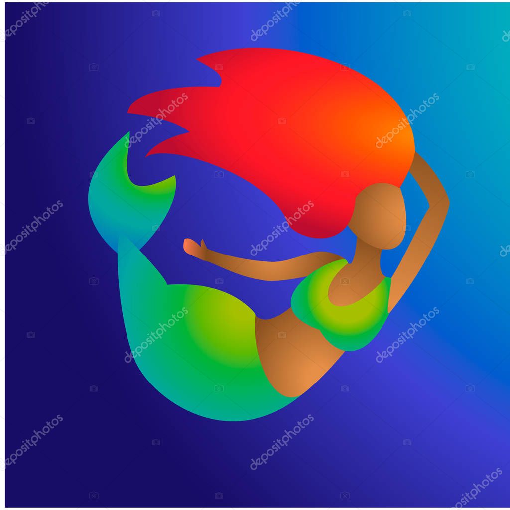 Sirena pelirroja negra afro con cola verde y piel marrón en fondo azul ...