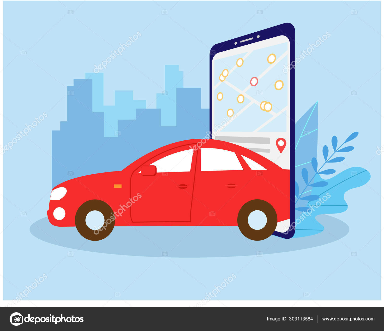 Smart city transportation concept, Online car sharing with red car and ...