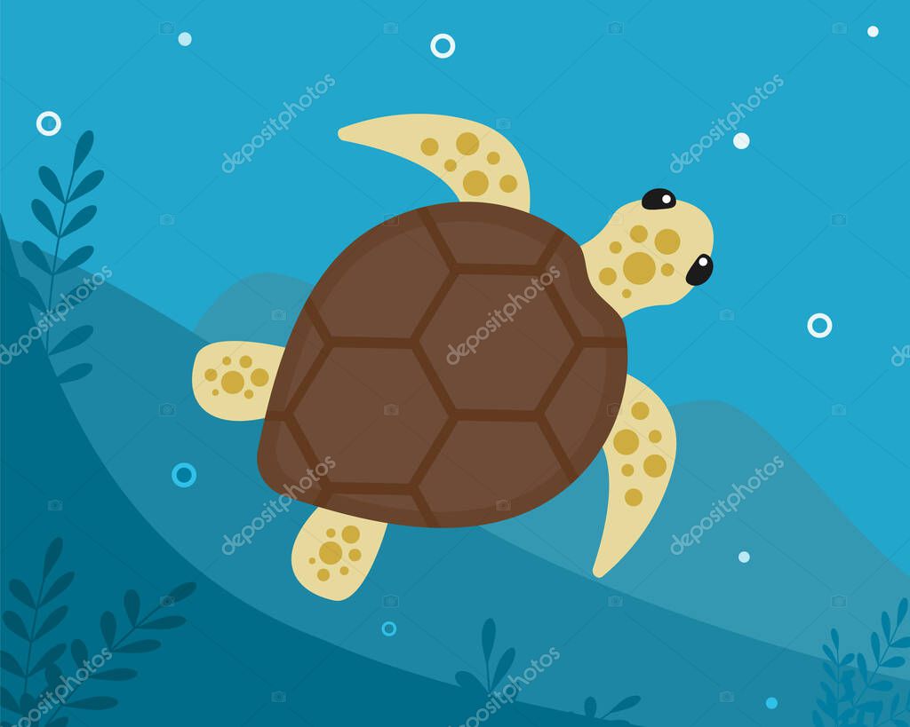 Una tortuga marina tropical nada bajo el océano cerca del fondo con ...