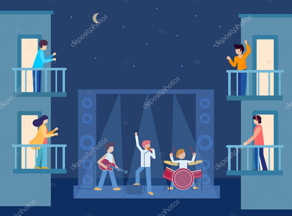 Concierto musical bajo los balcones de casas, oficinas, hoteles durante ...