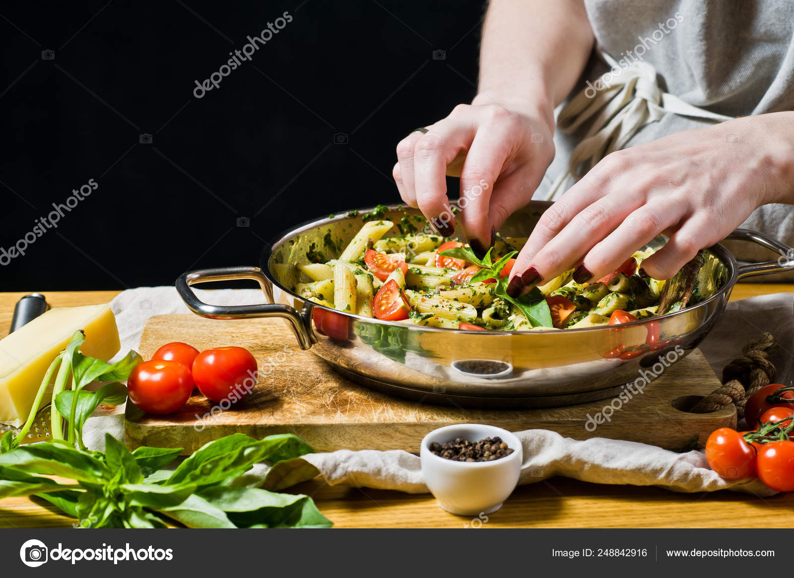 Chef Sprinkles Basil Leaves Pasta Penne Black Background Side View ...