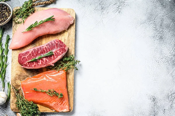 Three Types Steaks Beef Top Blade Salmon Fillet Turkey Breast Stock ...