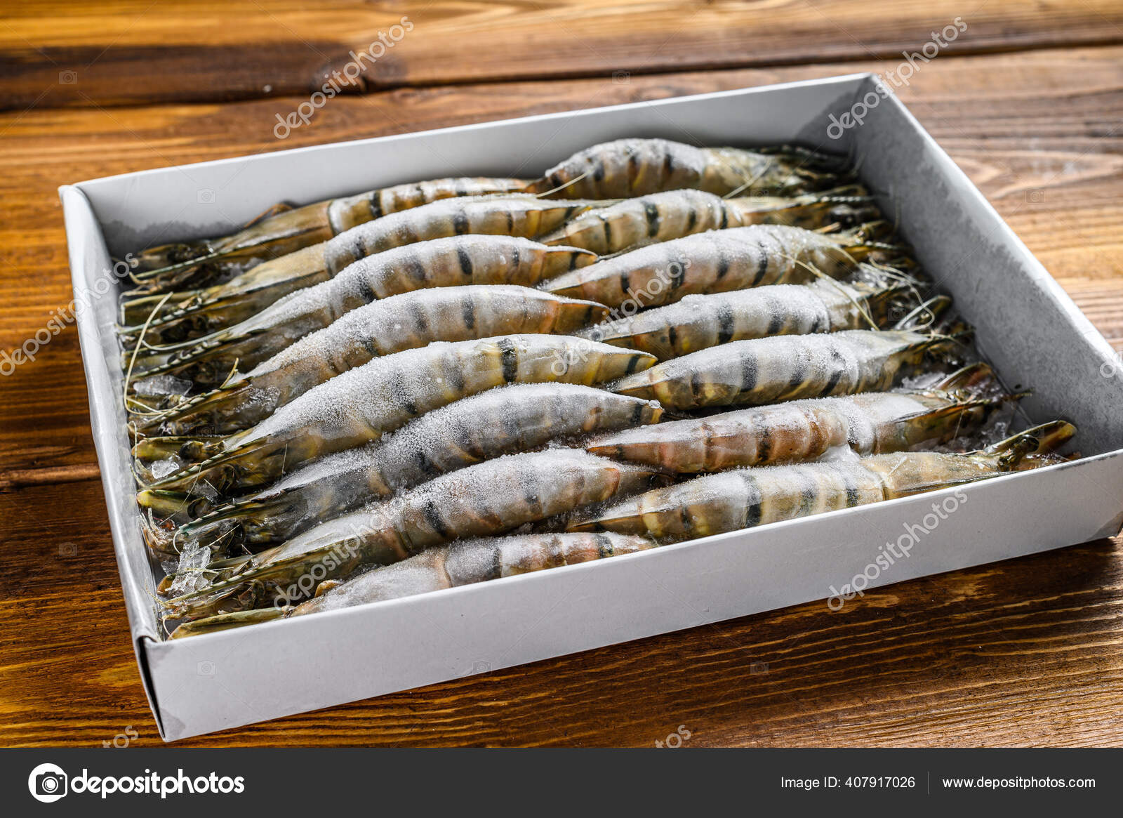 Package Frozen Tiger Prawns Shrimps Wooden Background Top View Stock ...