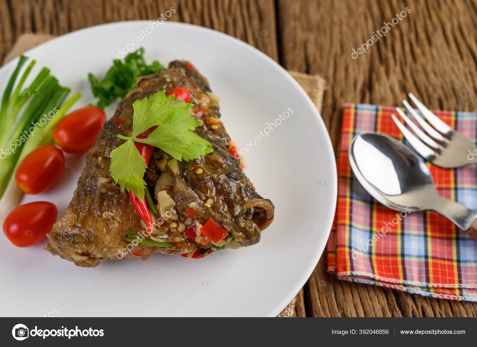 Deep Fried Fish Heads Topped Chilies White Plate Tomatoes Spring ...