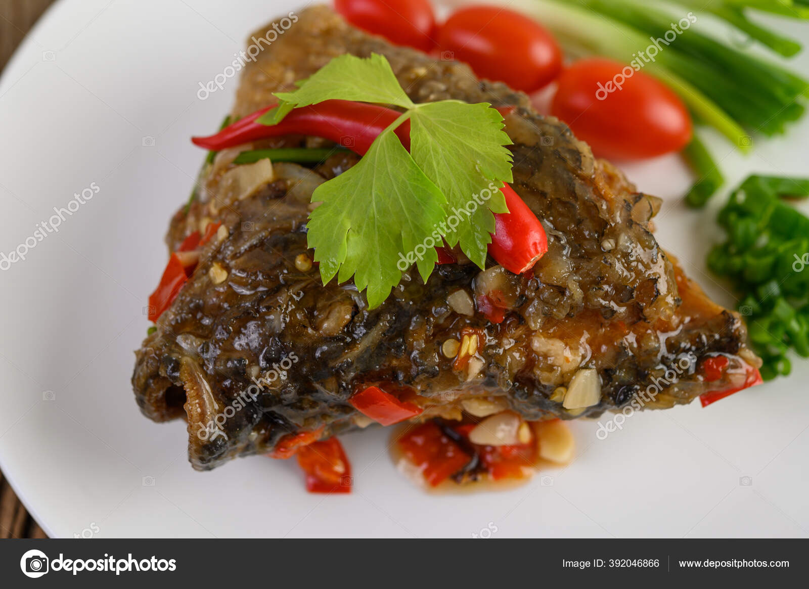 Deep Fried Fish Heads Topped Chilies White Plate Tomatoes Spring ...