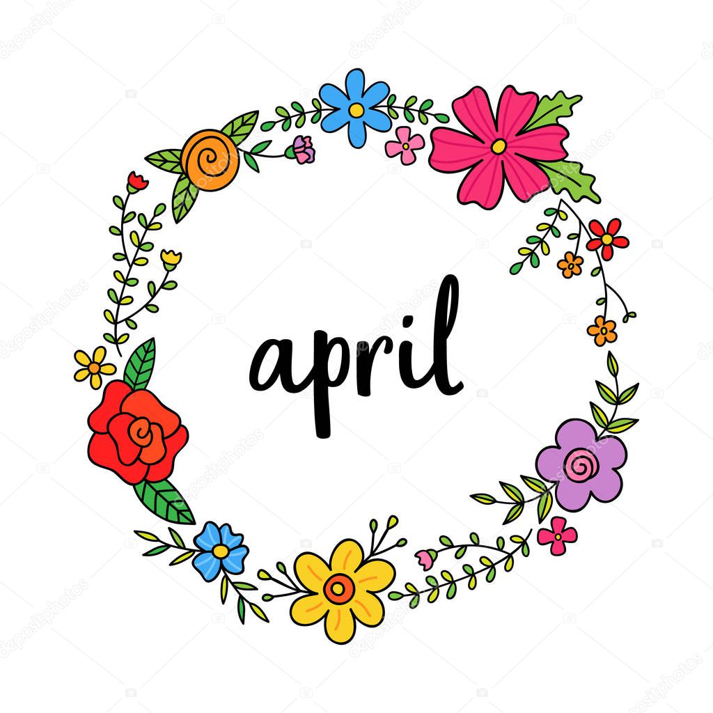 Abril, primavera mes floral colorido corona vector ilustración. Tarjeta ...