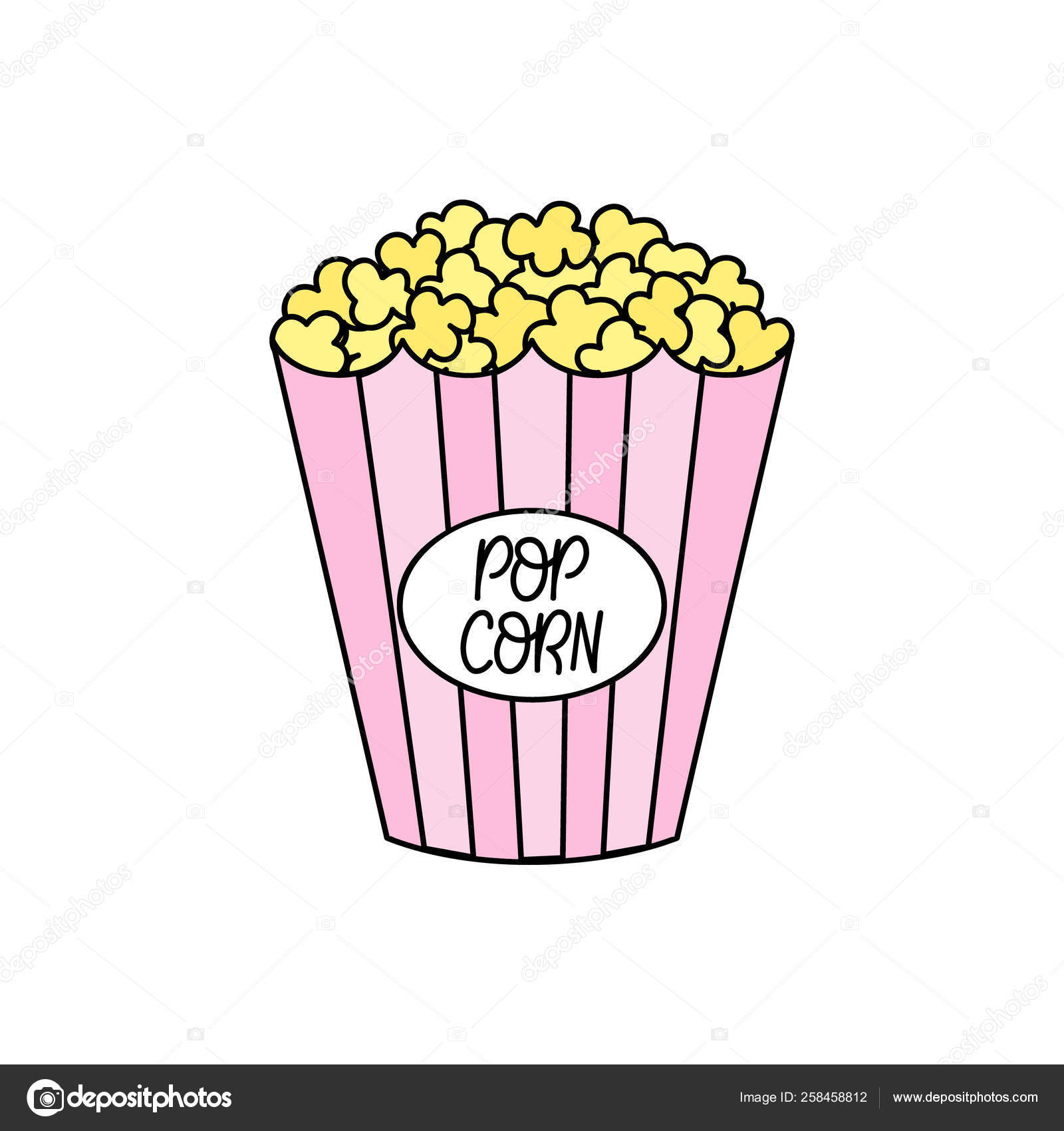 Popcorn Vector Outlined Illustration Pink Striped Paper Box Full ...