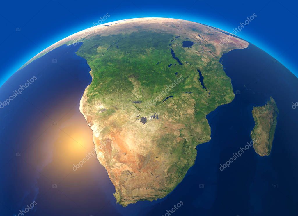 Mapa físico del mundo, vista satelital de Sudáfrica. Globo. Hemisferio ...