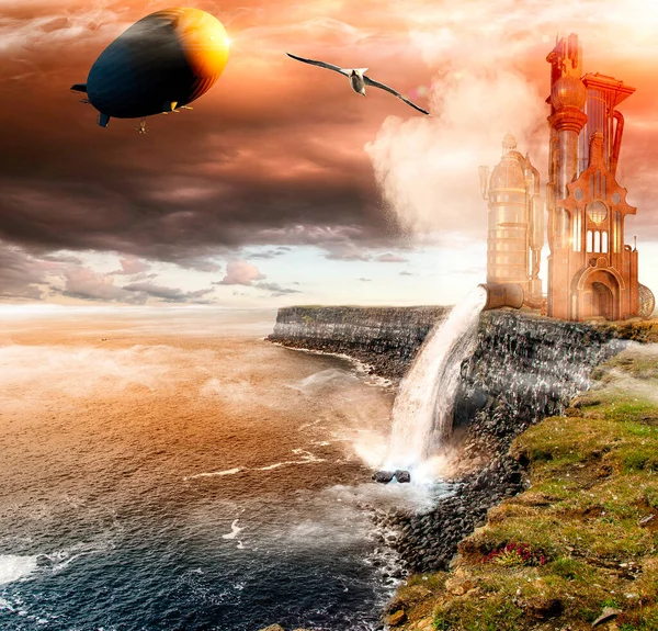 Mundo steampunk fantasía, arquitectura, edificios y estructuras ...