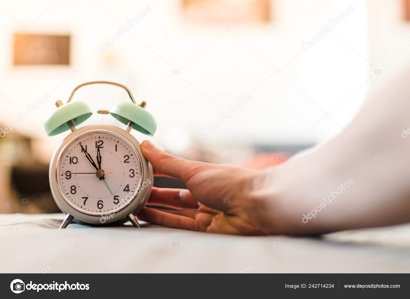 Man Pushing Alarm Clock Sunshine Morning Blurry Background Stock Photo ...
