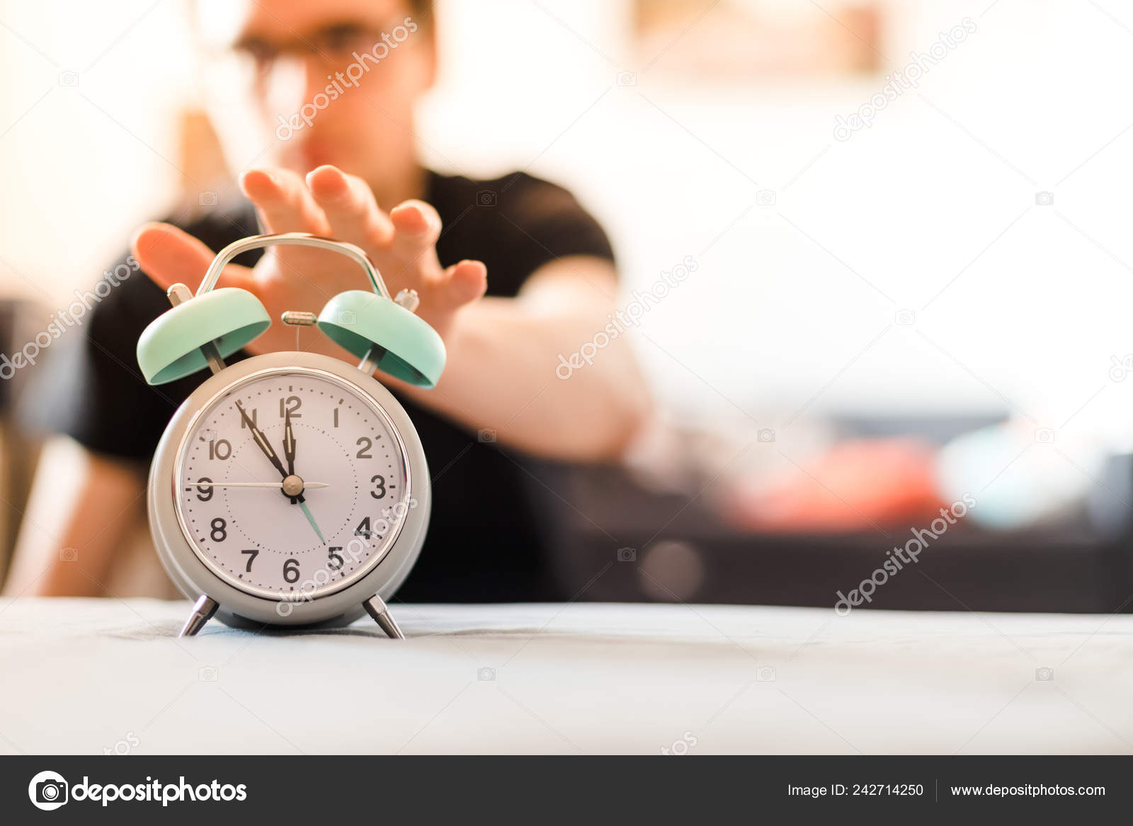 Man Pushing Alarm Clock Sunshine Morning Blurry Background Stock Photo ...