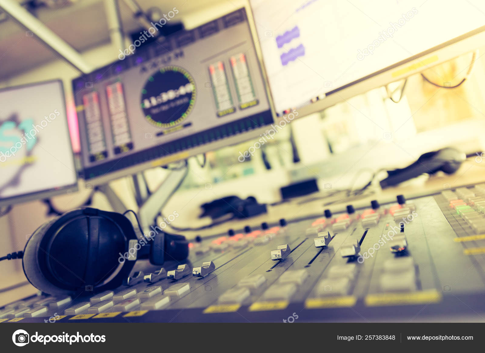 Radio broadcasting studio: Soundboard and computers Stock Photo by ...