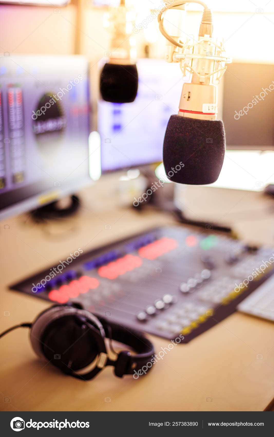 Radio broadcasting studio: Microphone in the foreground, modern Stock ...