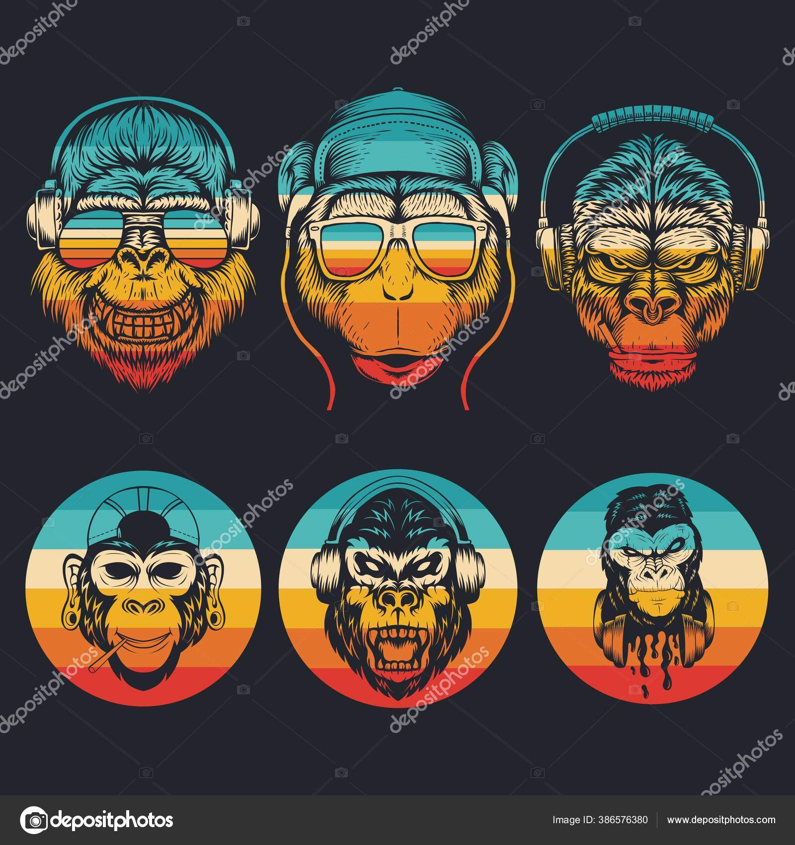 Monkey Music Collection Retro Vector Illustration Your Company Brand ...