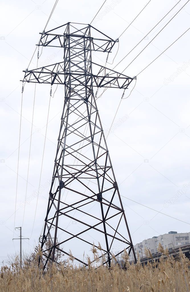 Pilón eléctrico de alto voltaje y línea eléctrica de transmisión en el ...