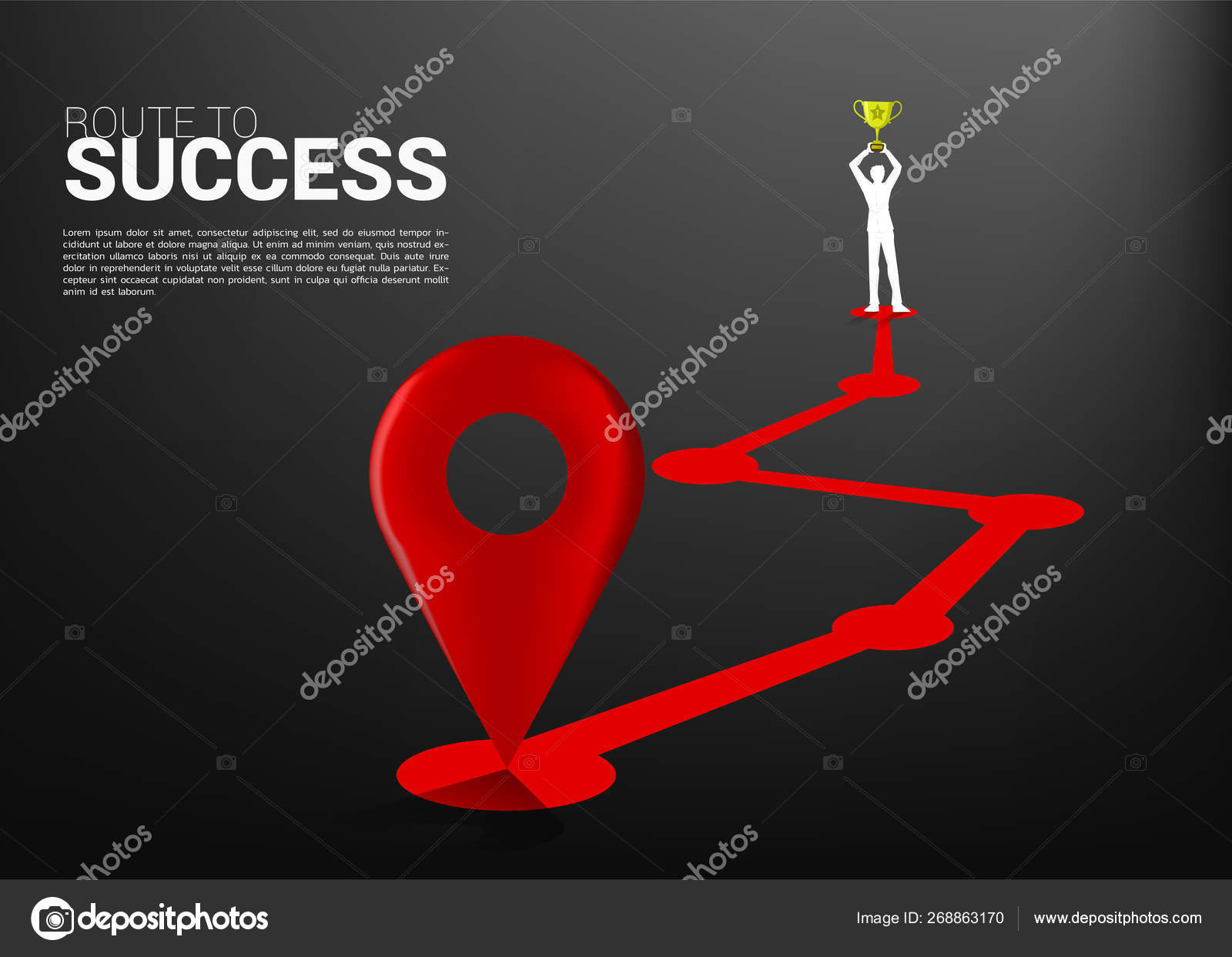 Silhouette of businessman with trophy at end of route. business concept ...