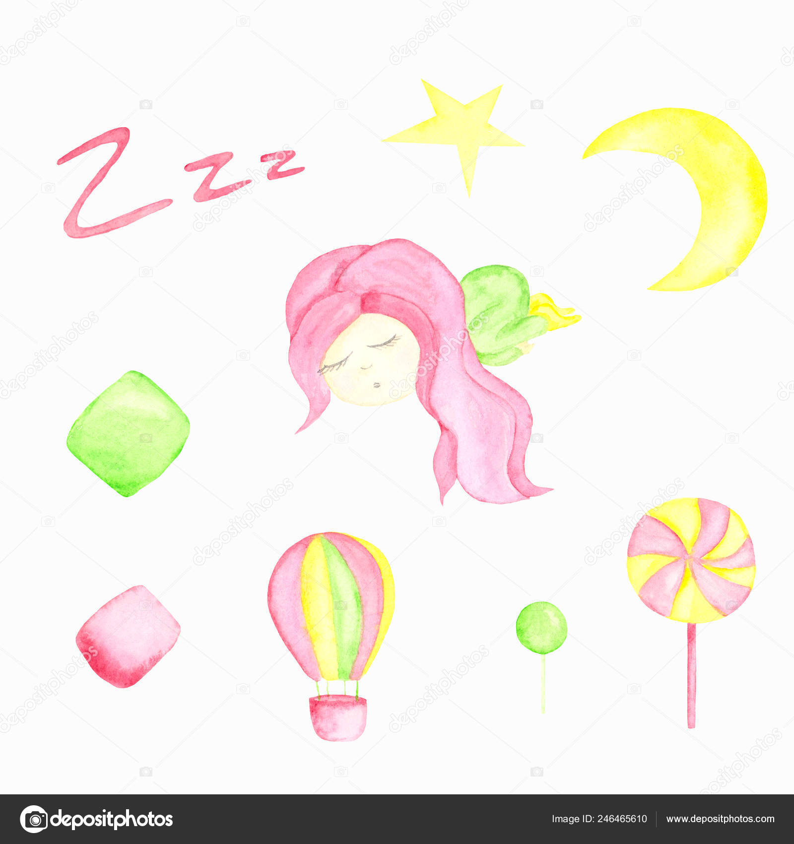 Watercolor Set Sleeping Girl Pink Hair Pajamas Month Star Balloon Stock ...