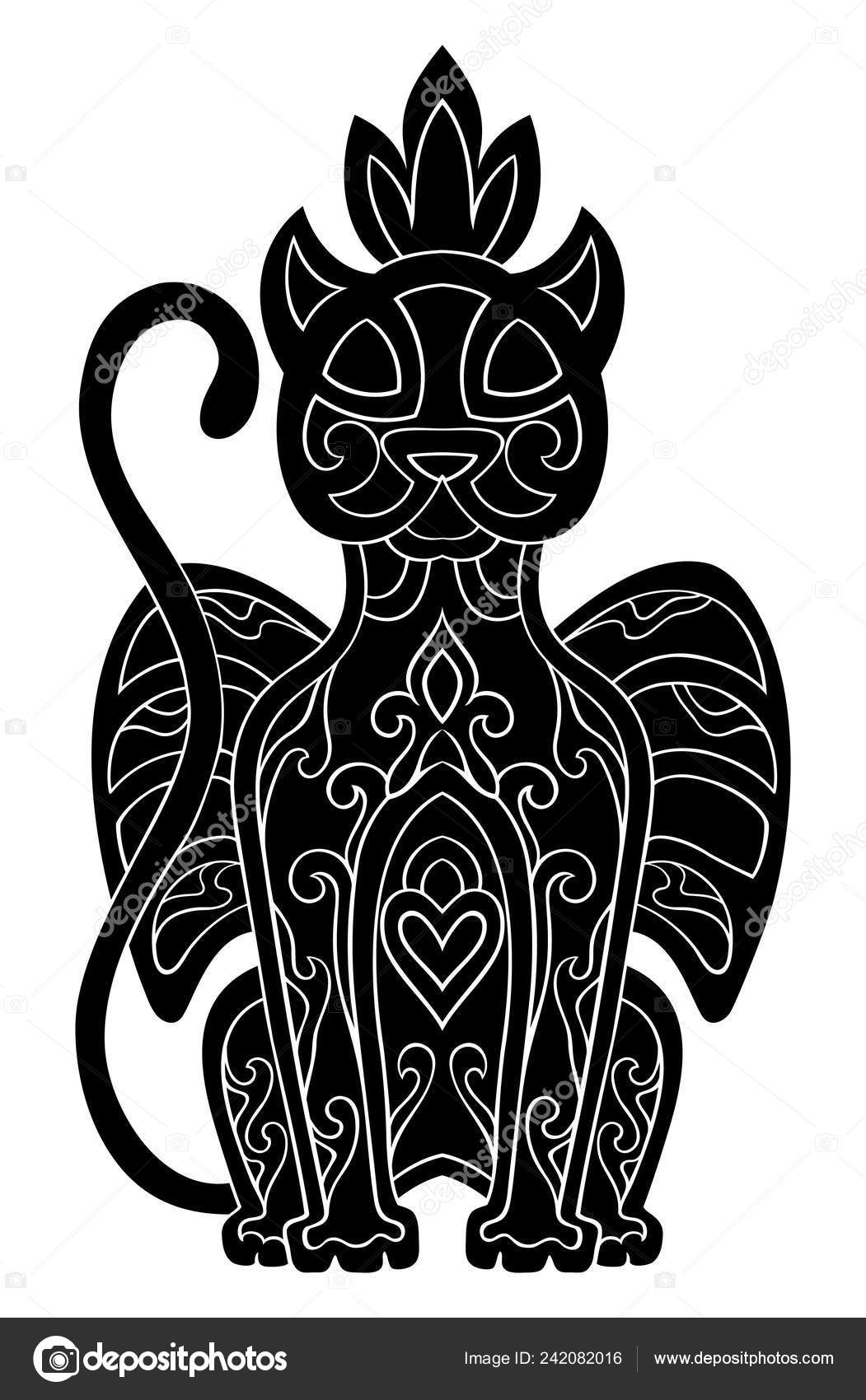Vector Black Cat Abstract Elements Isolated White Background Oriental ...