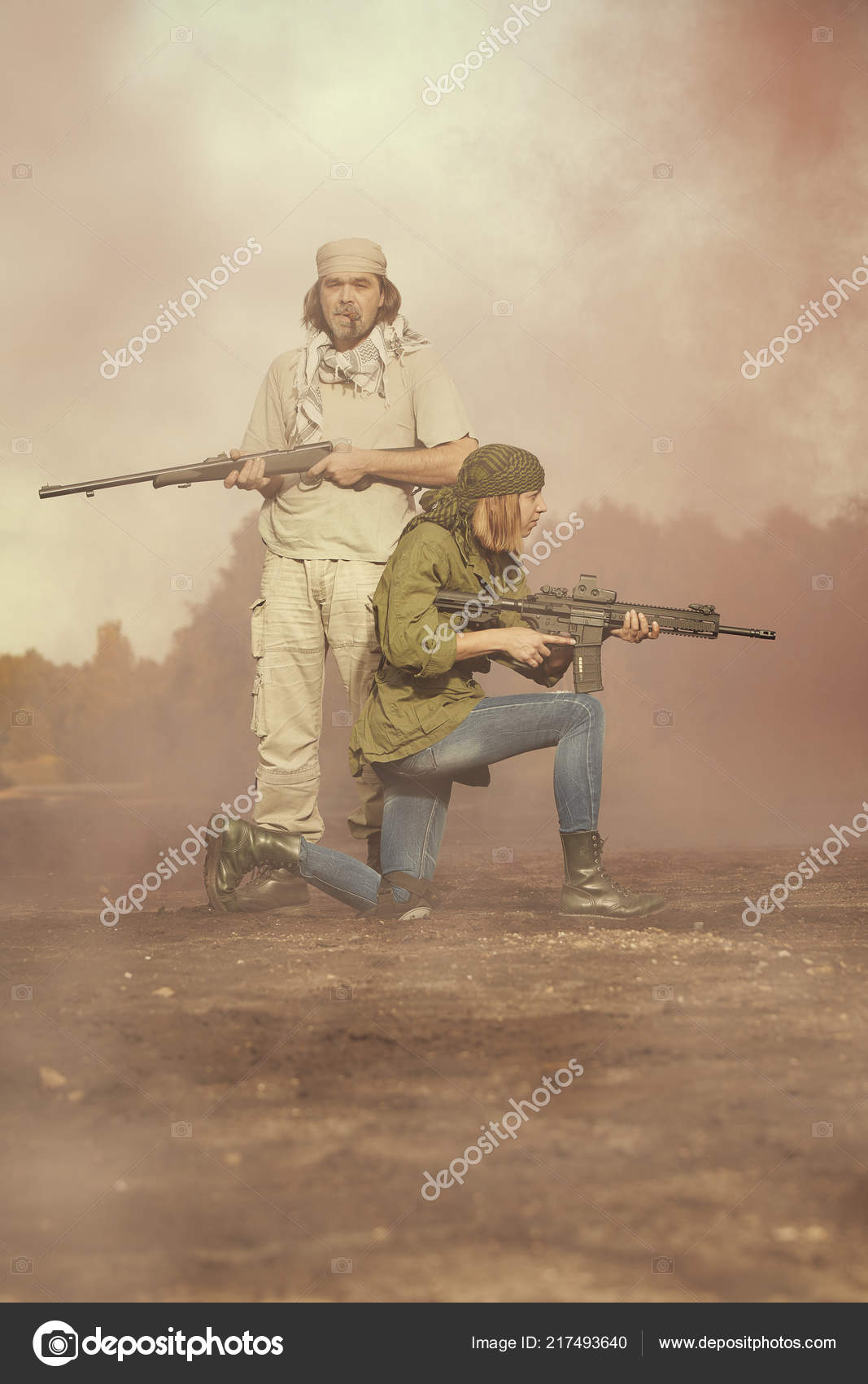 Guerilla Partisan Territory Army Couple Watching Armed Guns — Stock ...
