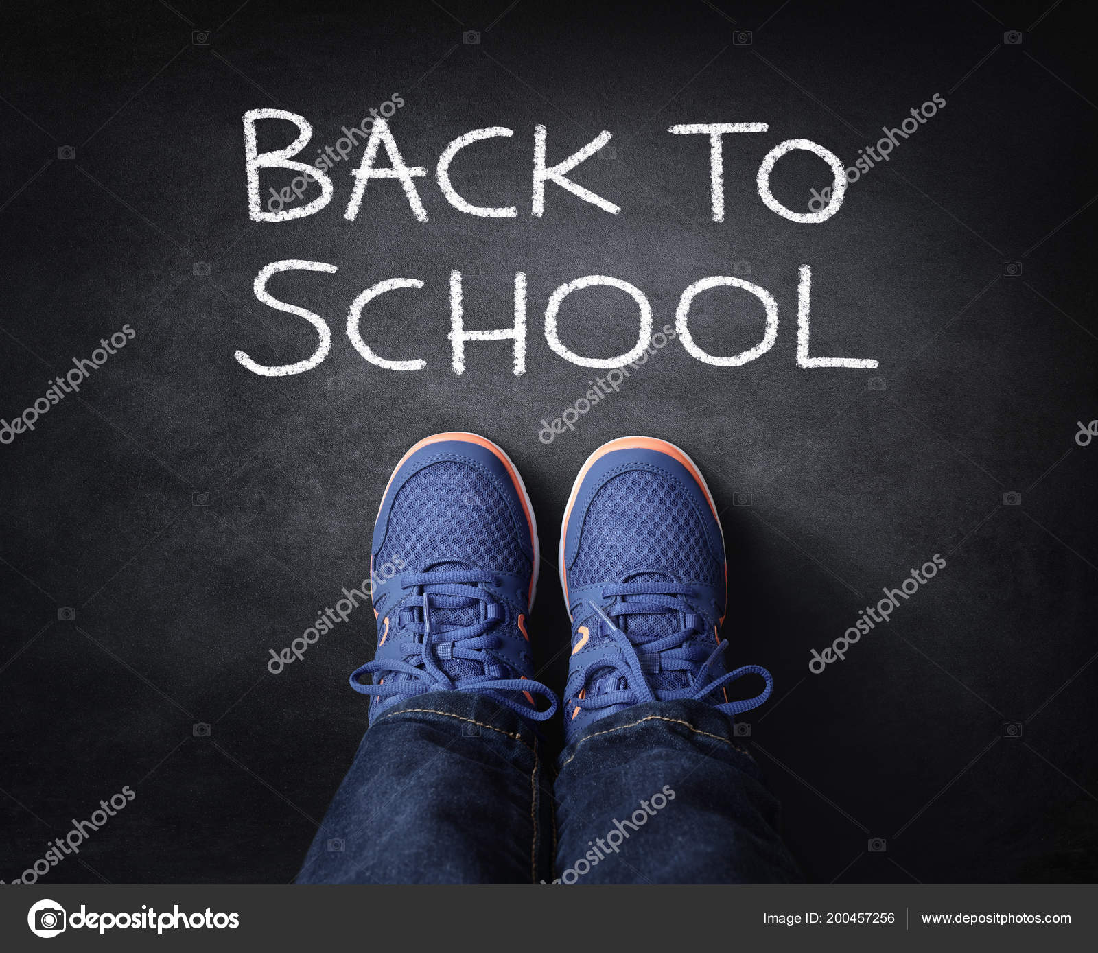 Back School Child Sneakers Standing Next Chalk Writing Blackboard ...