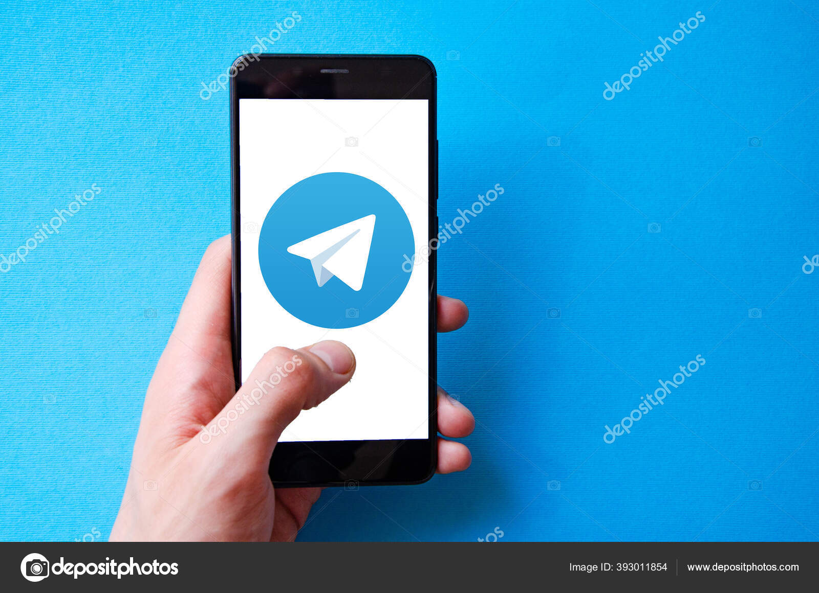 Telegram Smartphone Man's Hand Screen Telegram Smartphone Blue Yellow ...