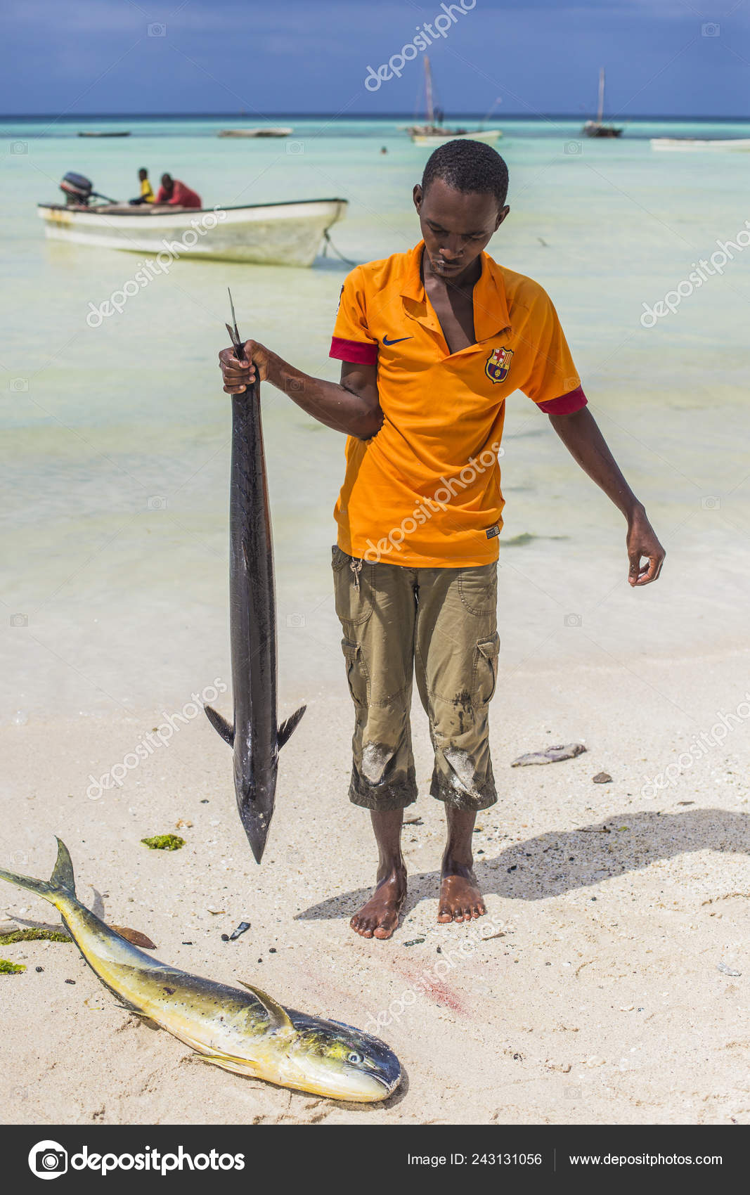 African Fisherman Beach Holding Big Fish His Hands Front Camera — Stock ...