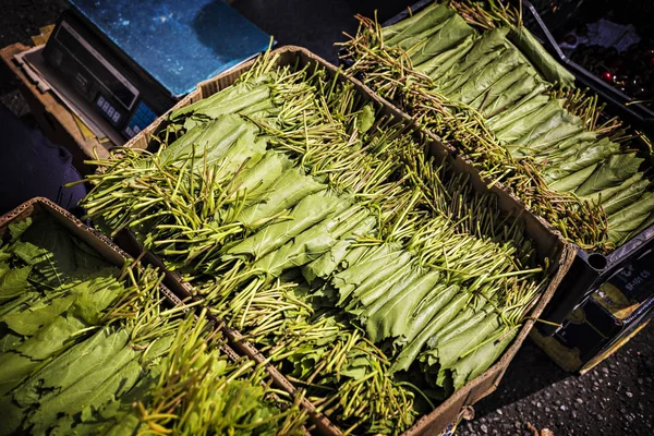 Boxes with fresh grape leaves on the market in Yerevan, Armenia. Grae ...