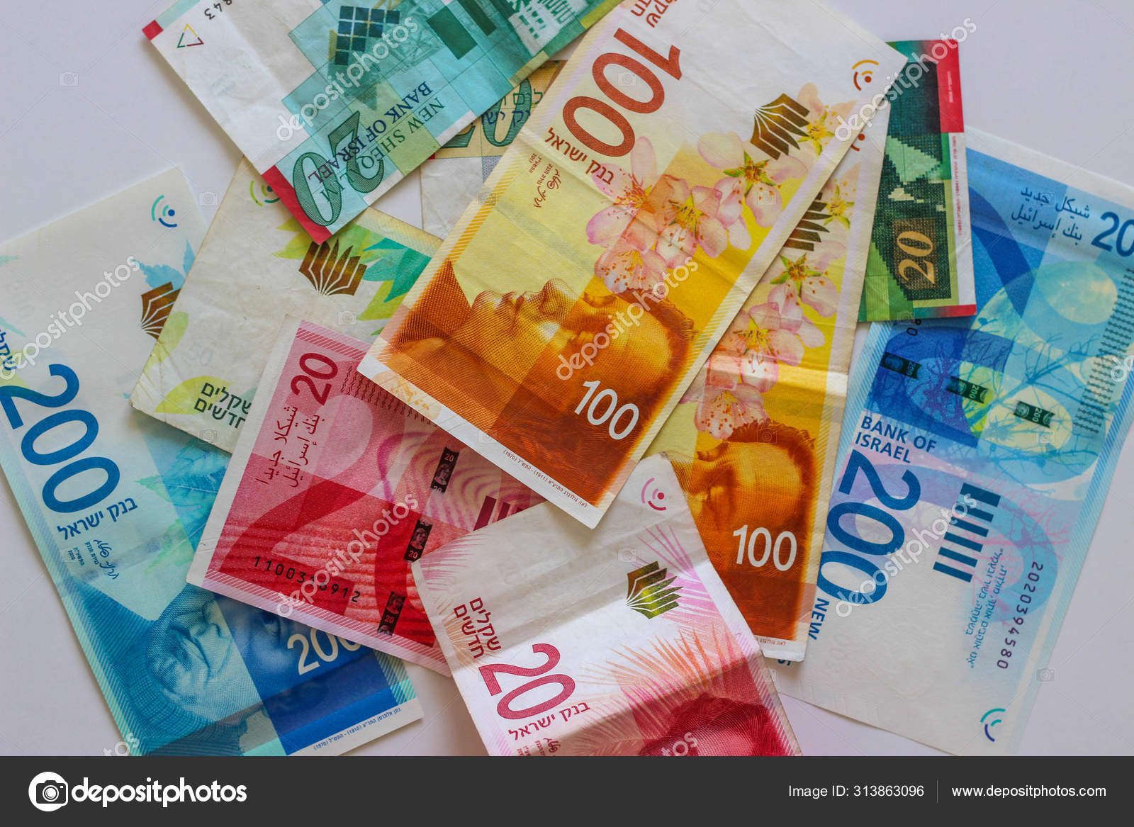 Israeli Banknotes Different Denominations White Background Stock Photo ...