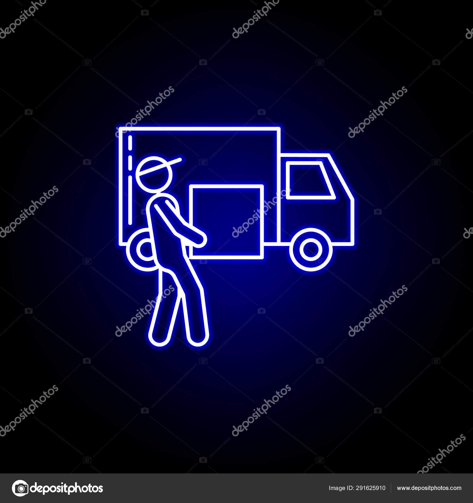 Courier truck line icon in blue neon style. Set of logistics ...
